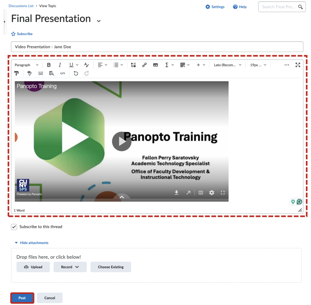 Posting a Panopto Video to a Discussion Thread – Teaching Guides